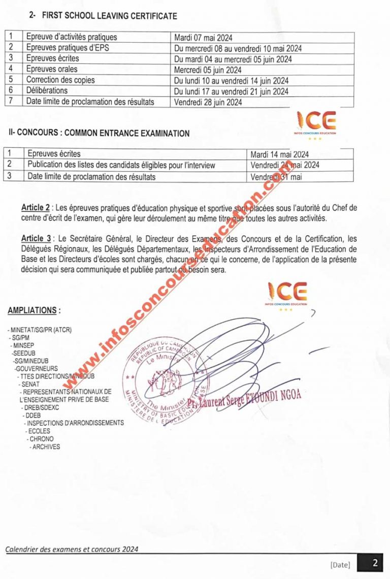 Calendrier des examens et concours session 2024