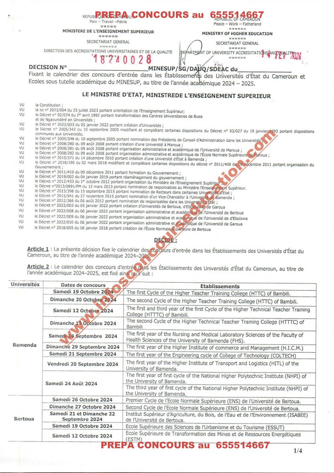 Calendrier des Concours 2024/2025 au Cameroun