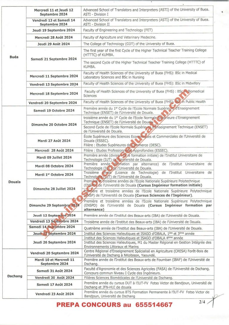 Calendrier des Concours 2024/2025 au Cameroun