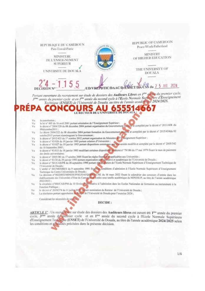 Concours Enset douala 2024 Auditeurs libres