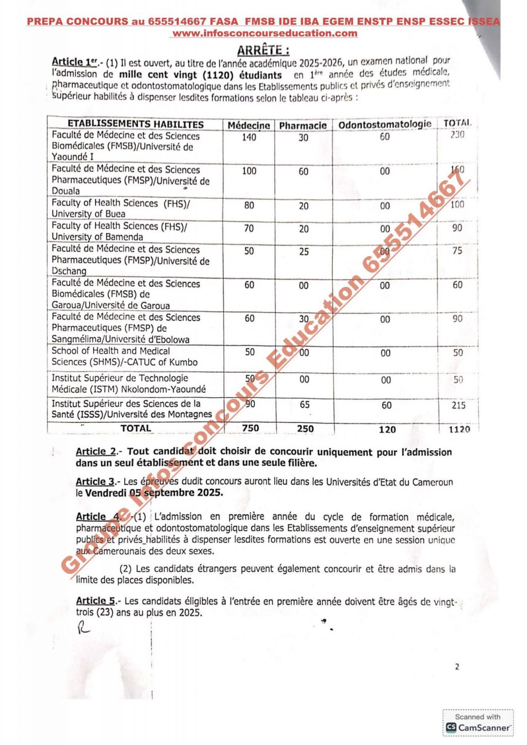 Arrêté Concours FMSB 2025